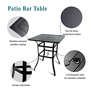 Bigroof 3 Piece Patio Bar Sets, with 2 Outdoor Bar Swivel Stools with High Back & Armrest and 1 Square Table with Umbrella Hole (Set of 3)