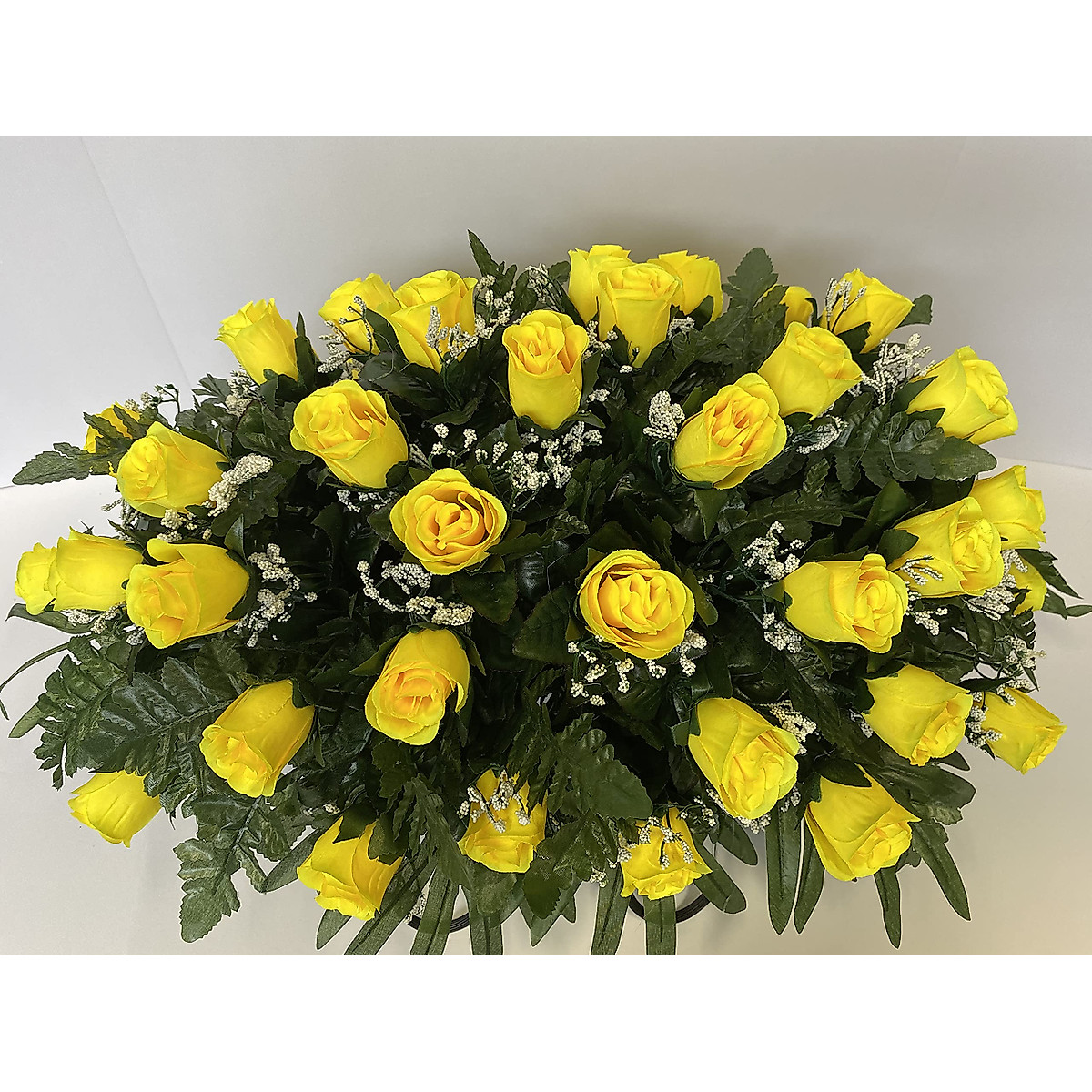 Yellow Rose with Baby's Breath Flowers Cemetery Headstone Saddle Arrangement
