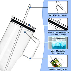 ONEHAUS Glass Tumbler with Lid and Straws, 40oz Glass Cup with Handle, Glass Water Cup,Beer Cup, Ice Coffee Cup, Fits In Cup Holder