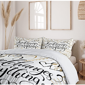 Ambesonne Romantic Duvet Cover Set, Foliage Pattern Frame Style Heart Shapes and an Inspirational Words, Decorative 3 Piece Bedding Set with 2 Pillow Shams, King Size, Sepia Peach Black