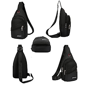 CENGNIAN Small Black Sling Crossbody Mini Backpack Shoulder Bag for Men Women, Lightweight One Strap Sling Bag for Hiking Walking Biking Travel Cycling, USB Charger