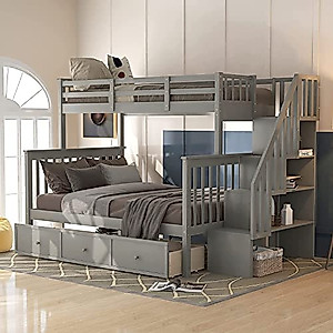 Harper & Bright Designs Twin Over Full Bunk Bed with Stairs, Solid Wood Stairway Bunk Bed Frame with Storage Drawers for Kids Teens Adults, Bedroom, Dorm (Gray)