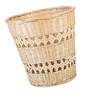 YARNOW Wicker Woven Trash Can Paper Wastebasket Rattan Woven Sundries Storage Baskets Decorative Round Trash Can for Bedroom Home, Wood Color, 23.5x23.5cm