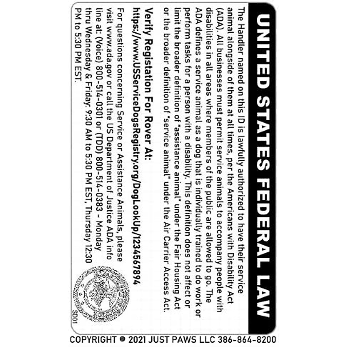 Just 4 Paws Custom Service Dog ID Card with QR Code & Security Seal and Optional Holograph | Registration to U S Service Dogs Registry Plus ID Holder & Digital ID - Portrait Style