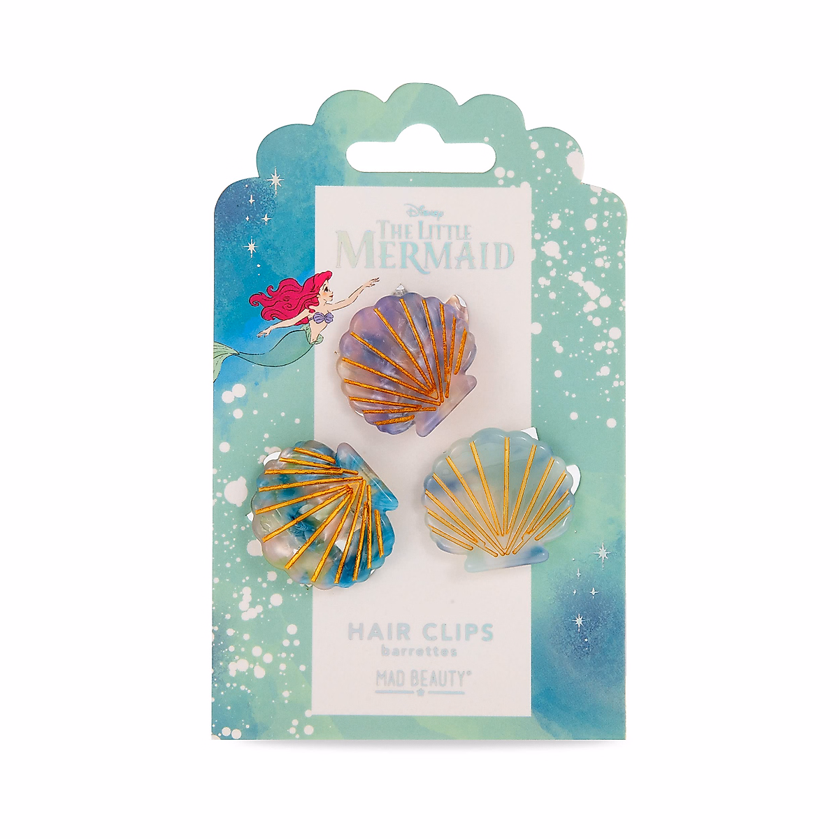 Mad Beauty Disney The Little Mermaid Ariel Hair Clips 3-Pack | Iridescent Seashells | Novelty Beauty, Cosmetic, and Skincare Gifts for Women, Adults, and Kids