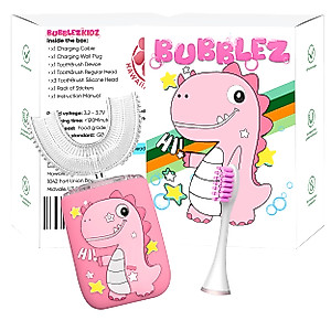 BubblezKidz – Kids Electric Toothbrush – U Shaped Dinosaur Cartoon – Ultra Sonic 6 brush Cleaning Modes w/ Smart Timer – Ages 2-18 Years Old – IPX7 Waterproof, Rechargeable, With Stickers