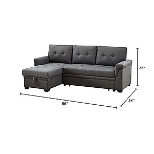 Maykoosh Lakeside Living Linen Cotton Upholstery Fabric Reversible 3 Seating Sectional Sleeper Sofa Chaise with Storage - 86" D x 54" W x 35" H Steel Gray