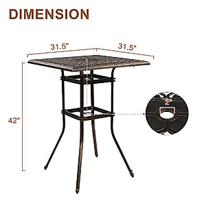 VINGLI Outdoor Bar Table, Sqaure Bar Height Patio Table with Umbrella Hole, Cast Aluminum Tall Outdoor Table Bistro Table Outdoor Furniture Garden Table