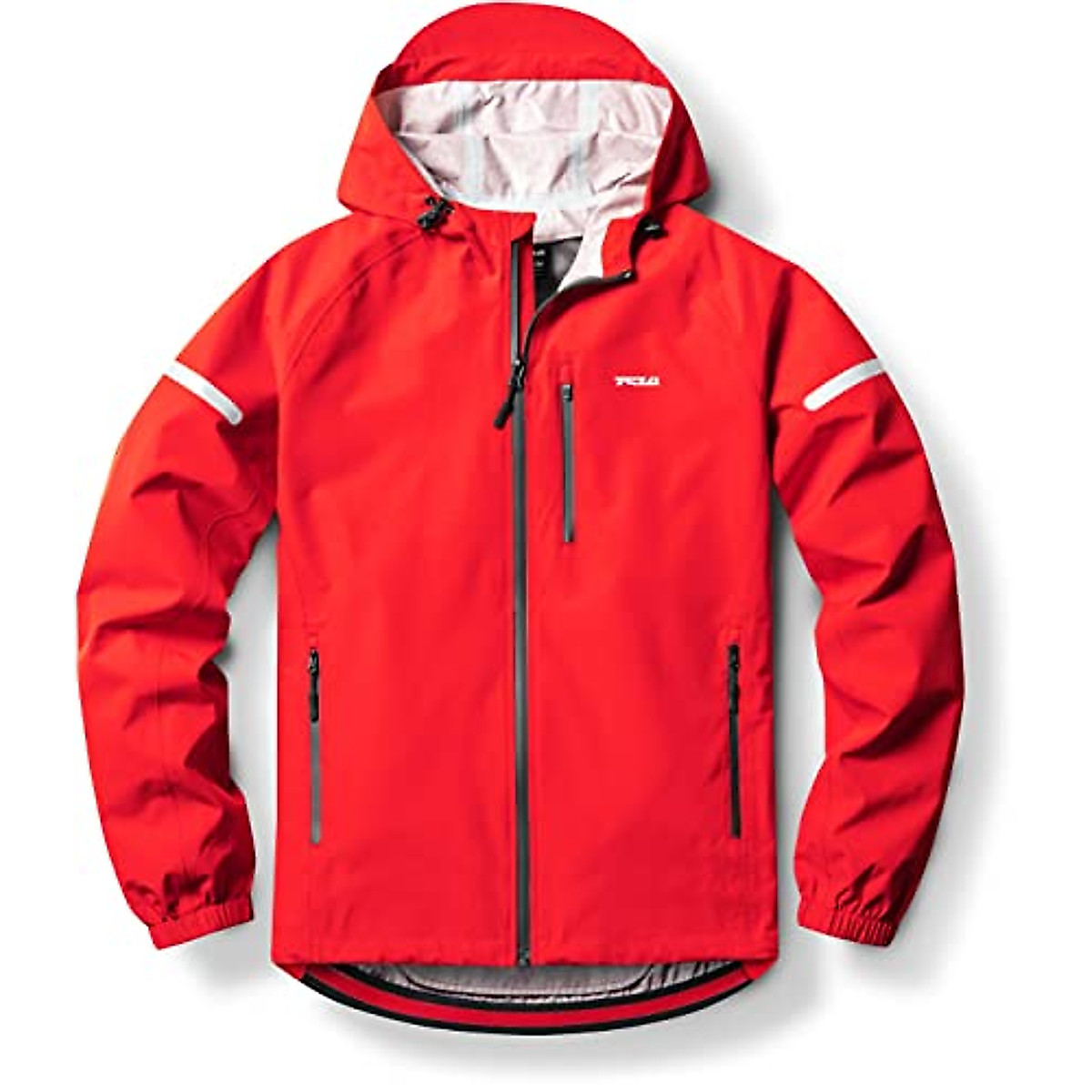 TSLA Men's Cycling Waterproof Jacket, Reflective Hoodie Windbreaker, Packable Bike Rain Jackets with Back Pocket, Cycling Red, Large