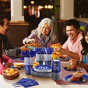 50th Birthday Party Supplies Disposable Paper Plates Napkins Cups Knives Spoons Forks for Men women Navy Blue 50 Birthday Party Decorations, Total 168pcs,Serve 24