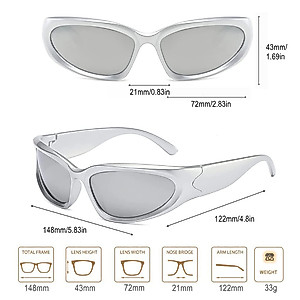 BAWUYI Fashion Y2K Wrap Around Sunglasses for Men Women 2000s Accessories Cool Cyber Glasses Sports Biker Shades Shield (Silver Frame-Mirror Silver Lens)