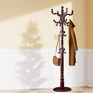 SerHirst Coat Rack Freestanding, Wooden Coat Tree Stand with 14 Hooks, Easy Assembly with Stable Disc Base for Bedroom, Hallway, Entrance Office for Hats, Coats, Scarves (Mahogany color)
