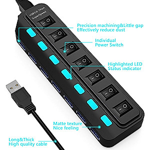 USB Hub 3.0 Powered, Zouhi USB hub 7 Port 3.0 Data Hub Splitter with 5V/2A Power Adapter and with Individual On/Off Switches/Power LED / 3.3ft/1m Long Cable for Mac Pro, MacBook Pro and More