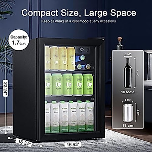 Antarctic Star 16 Bottle 68 Can Beverage Refrigerator, Wine Cooler/Cabinet, Small Mini Fridge, Clear Front Glass Door Quiet Compressor ，Freestanding 1.7 cu.ft.