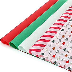 LOADSFUN 120 Sheets Christmas Tissue Paper, 19.5" x 13.6" Tissue Paper Bulk Assorted Design Christmas Wrapping Paper for Gift Bags, Red Green White Tissue Paper for Xmas Holiday Crafts (Colorful Tree)
