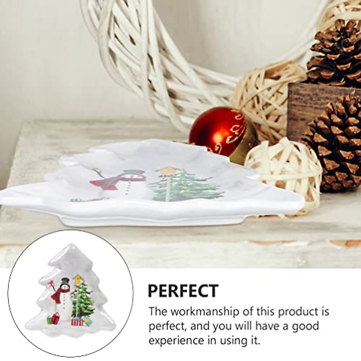 Angoily Christmas Tree Shaped Platter Ceramic Christmas Serving Platter Tray with Xmas Tree and Snowman Printed for Appetizer, Food Snacks, Fruit, Dessert for Xmas Party Table Decor, 26. 5x23. 2cm