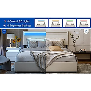 IKIFLY LED Bed Frame with 4 Storage Drawers, Upholstered Queen Size Storage Bed with Adjustable Headboard & LED Lights, Mattress Foundation, No Box Spring Needed, Easy Assembly - White/Queen