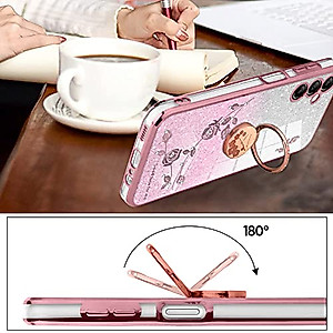 Bonoma Case for Samsung Galaxy A14 with 360°Rotatable Ring Holder Kickstand, Cute Luxury Saprkle Glitter Pretty Pink Flowers Floral Shiny Bling Sparkle Cover Shell for Women Girls