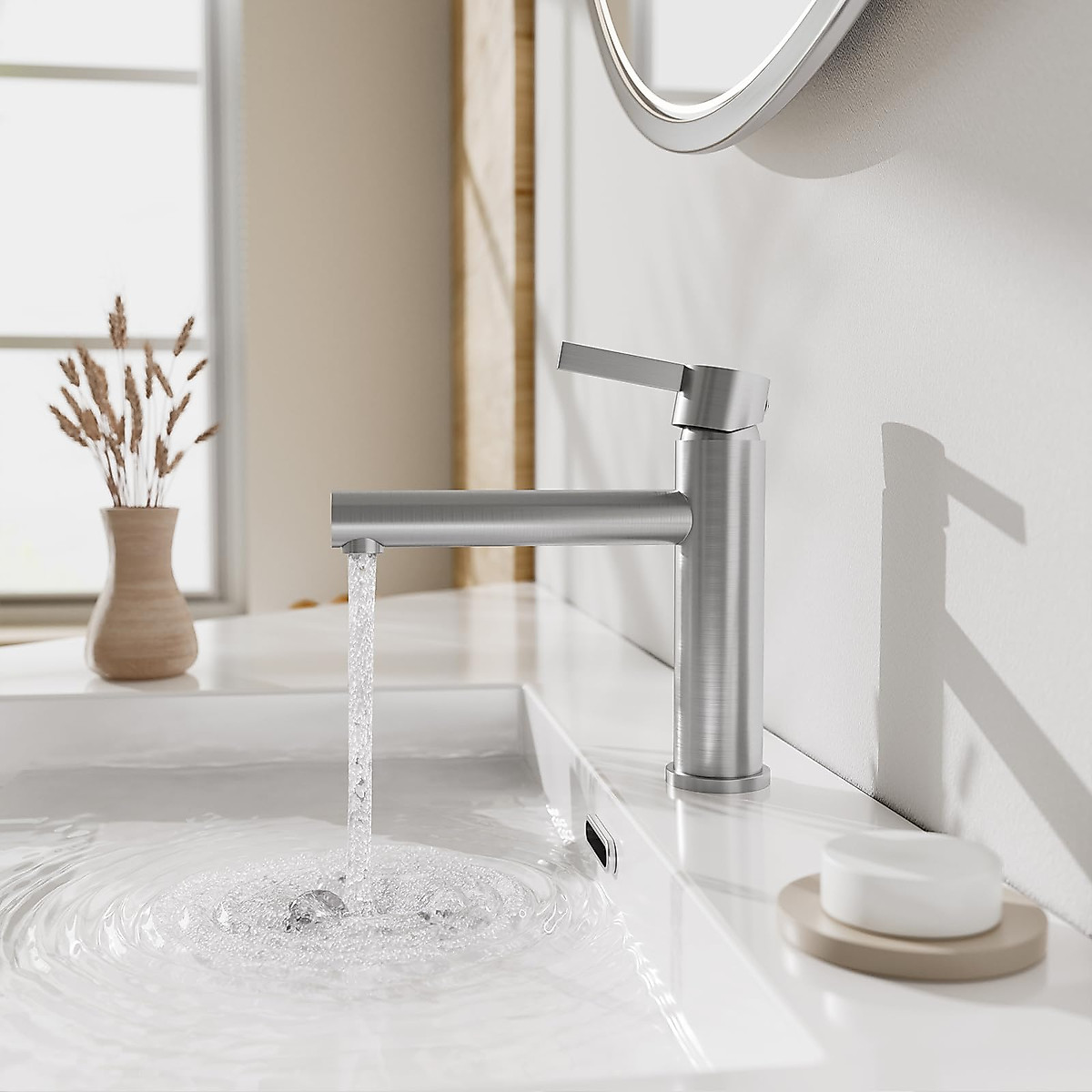 Phiestina Single Hole Single Handle Low Arc Brushed Nickel Bathroom Sink Faucet, Basin Faucet with Metal Pop-up Drain & Water Supply Line, FH01-BN