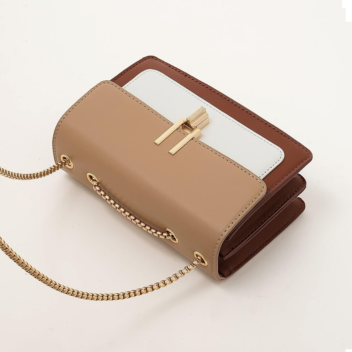 Crossbody Bags Cute Faux Leather Trendy Cross Body Bag for Women Small Color-Block Designer Handbags Ladies Satchel Chain Strap Shoulder Bag Brown Beige