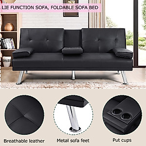 Convertible Futon Sofa Bed, Modern Leather Couch Upholstered Loveseat Sleeper Sofa with Cup Holder and Adjustable Back, Recliner Folding for Living Room, Apartment, Office (Black)