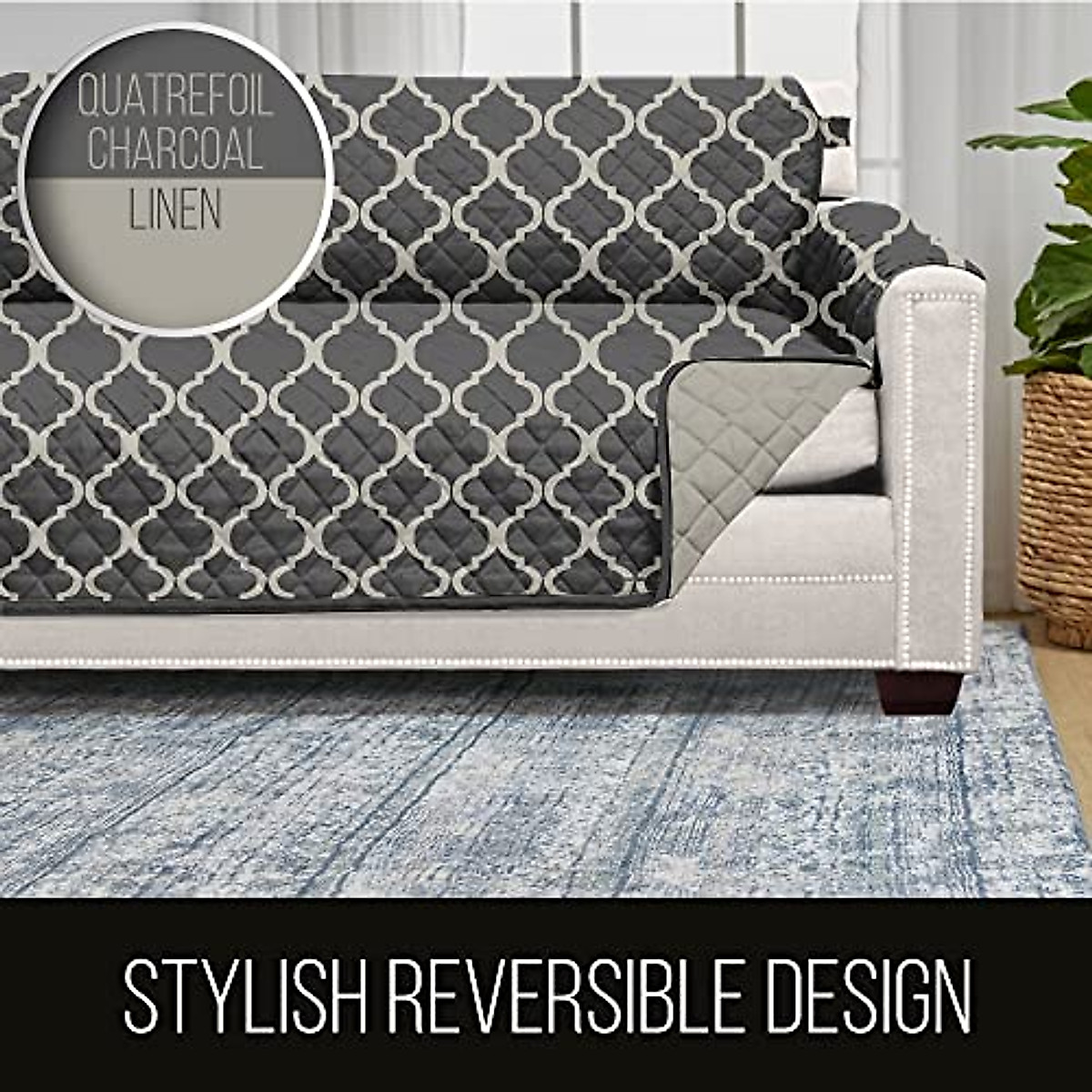 Sofa Shield Couch Slip Cover with Patented Strap, Cushion Protector, Reversible Stain and Dog Tear Resistant Slipcover, Quilted Microfiber 70” Seat Washable Covers, Pet Dogs Quatrefoil Charcoal Linen