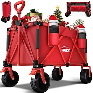 Overmont Collapsible Wagon Cart with Wheels - Foldable Heavy Duty Wagon with Big All-Terrain Wheels - 330Lbs Weight Capacity with Side Pockets for Camping Sports Garden Grocery Shopping red