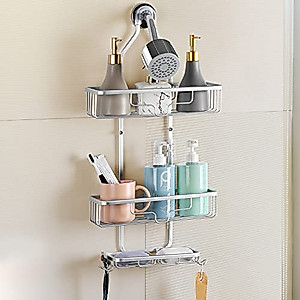 smusei Shower Caddy Over Shower Head Aluminum Shower Organizer Hanging Bathroom Shower Shelves for Inside Shower 3 Tier Shower Racks with Hooks and Shampoo Soap Razor Holder - Silver
