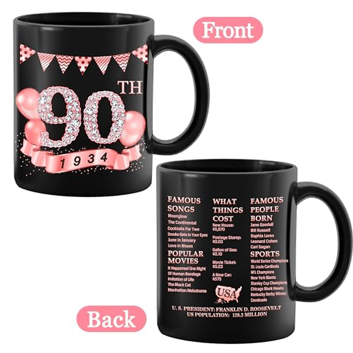 Tillfuru 90th Birthday Gifts for Women, 1934 Old Time Information-90th Birthday Mug, 90th Birthday Gifts for Women, 90 Year Old Birthday Party Decorations, Ninety Birthday Mug, Milestone Birthday