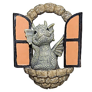 Dragon Garden Ornament Resin Craft Ornament Statue Fairy door for wall Fairy door Yard art outdoor and garden Solar Light Luminous Sand Open Door Dragon Wall Statue Outdoors Decor (Eye to eye)