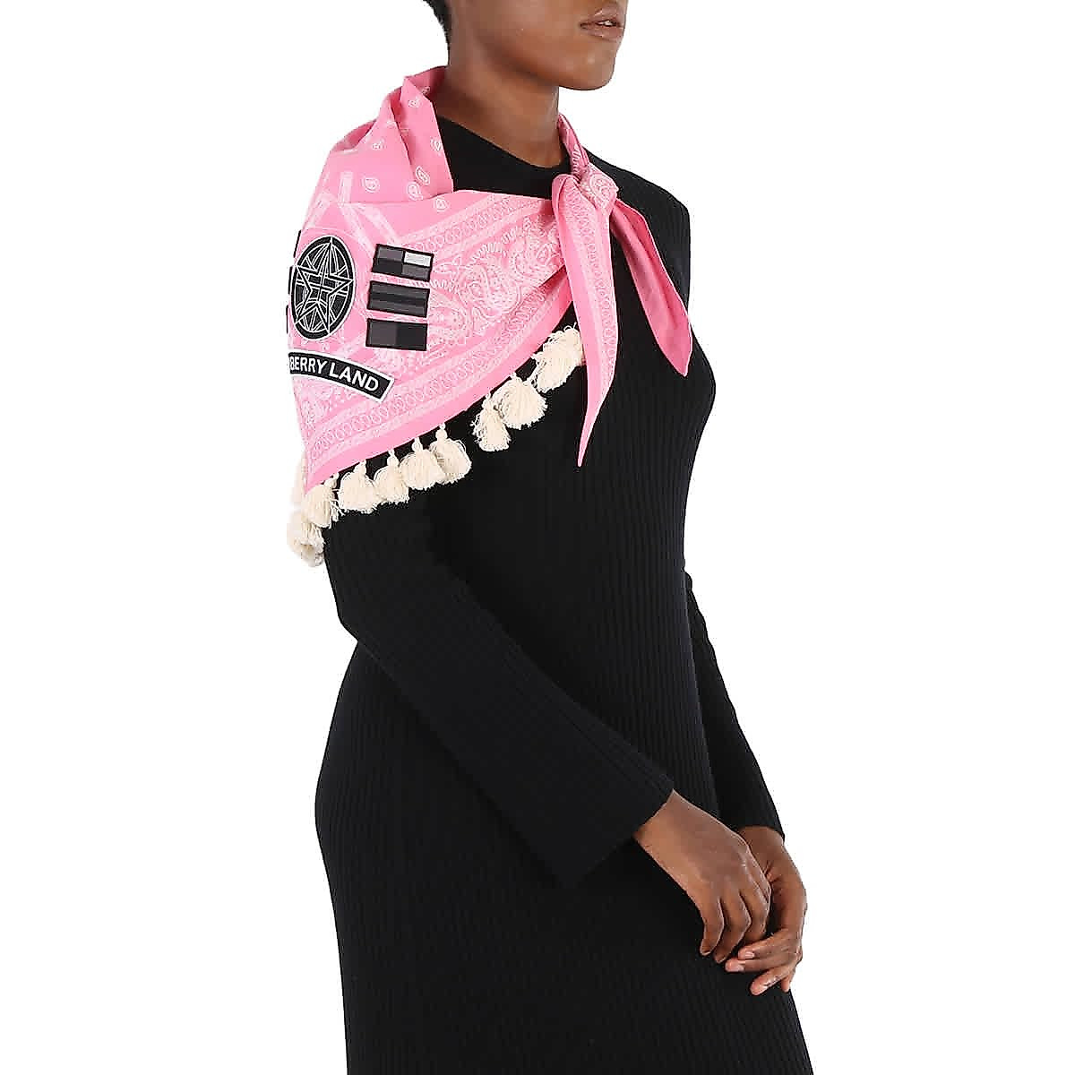 BURBERRY Candy Pink Badge Applique Tassel Cotton Bandana Scarf