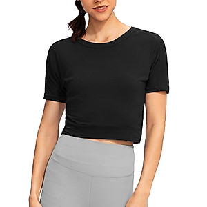 Women's Backless Workout Tops Short Sleeve Gym Shirts Soft Open Back Yoga Athletic Crop Tops for Women (Black,M)