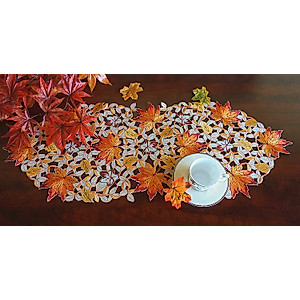 GRANDDECO Thanksgiving Harvest Table Runner Embroidered Cutwork Maple Leaves Dresser Scarf Table Cover Autumn Or Fall Decorations (Table Runner 13"x34")