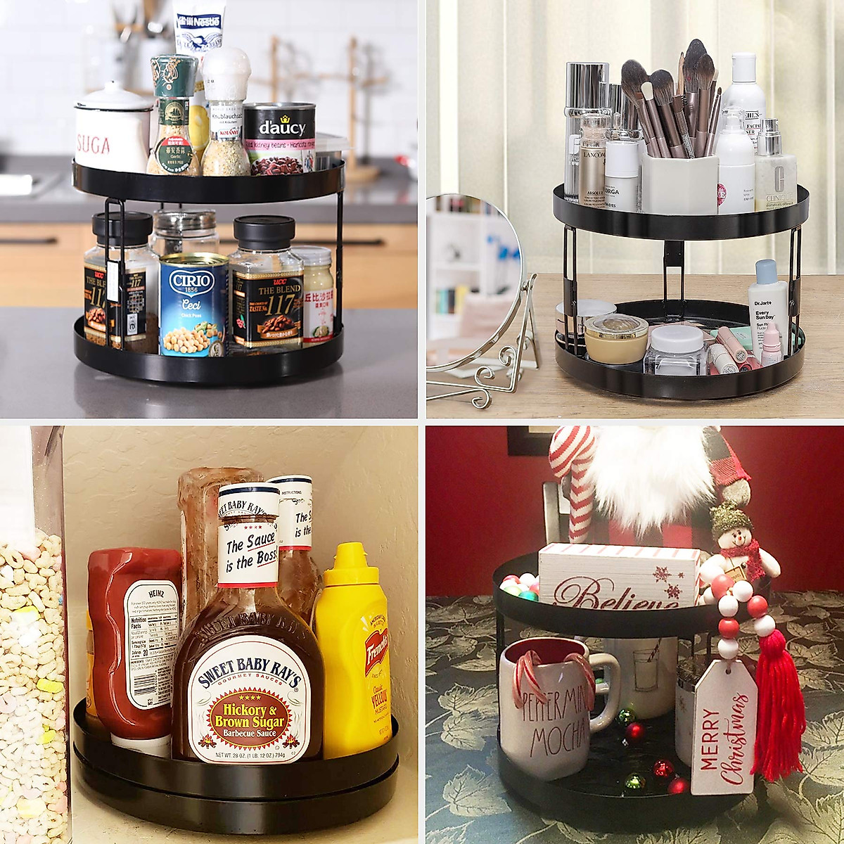 Spice Rack Organizer for Countertop, 360° 2-Tier Lazy Susan Turntable 12inch Rotating Countertop Organizer for Kitchen/Bathroom/Makeup Organizer - Black with Bronze Brush