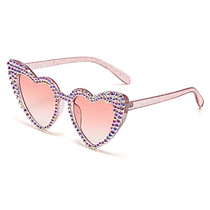 Cute Women Heart Sunglasses Fashion Shiny Bling Diamond Sunglasses Polygonal Pink Rhinestone Sunglasses UV Protection (pink)