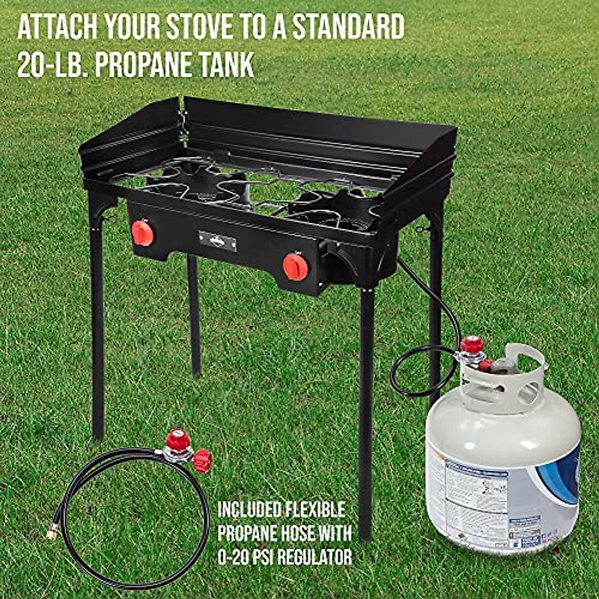 Hike Crew Cast Iron Double-Burner Outdoor Gas Stove | 150,000 BTU Portable Propane Cooktop w/Blue Flame Control, Removable Legs, Temperature Control Knobs, Wind Panel, Hose, Regulator & Storage Case