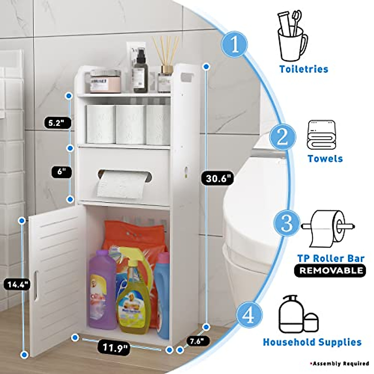 Wider Small TP Toilet Paper Storage Cabinet, Slim Bathroom Corner Storage Cabinet with Door and Tissue Dispenser, Waterproof and Durable, Freestanding, (White, Wider with Removable TP Roller)