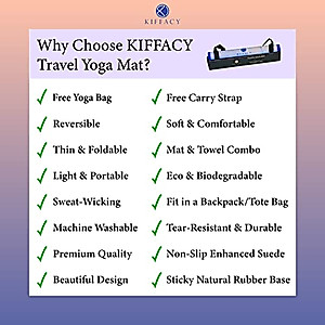 KIFFACY Travel Yoga Mat Foldable Lightweight - Non-Slip 1.5mm Thin Travel Hot Yoga Mat for Yoga Pilates Fitness Exercise, Light Eco Natural Rubber Portable Washable Suede Folding Mat w/Bag
