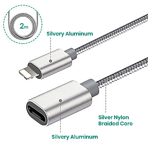 MeloAudio 6.6FT Braid Extension Cord Cable Charging Sync Video & Audio Compatible with iOS Devices (Phone/Pad/Pod), Male to Female Dock Cable Extender Connector Case Adapter (Gray)