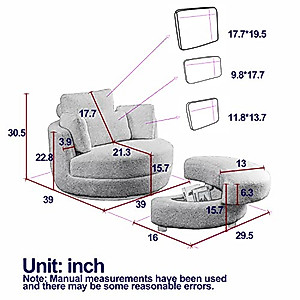 FULife Oversized Swivel Accent Barrel Chair with Storage Ottoman+4 Pillows,Comfy Upholstered 360 Recliner Sofa Club Chaise Leisure Round Loveseat Lounge Armchair for Living Room/Hotel/Nursery/Office