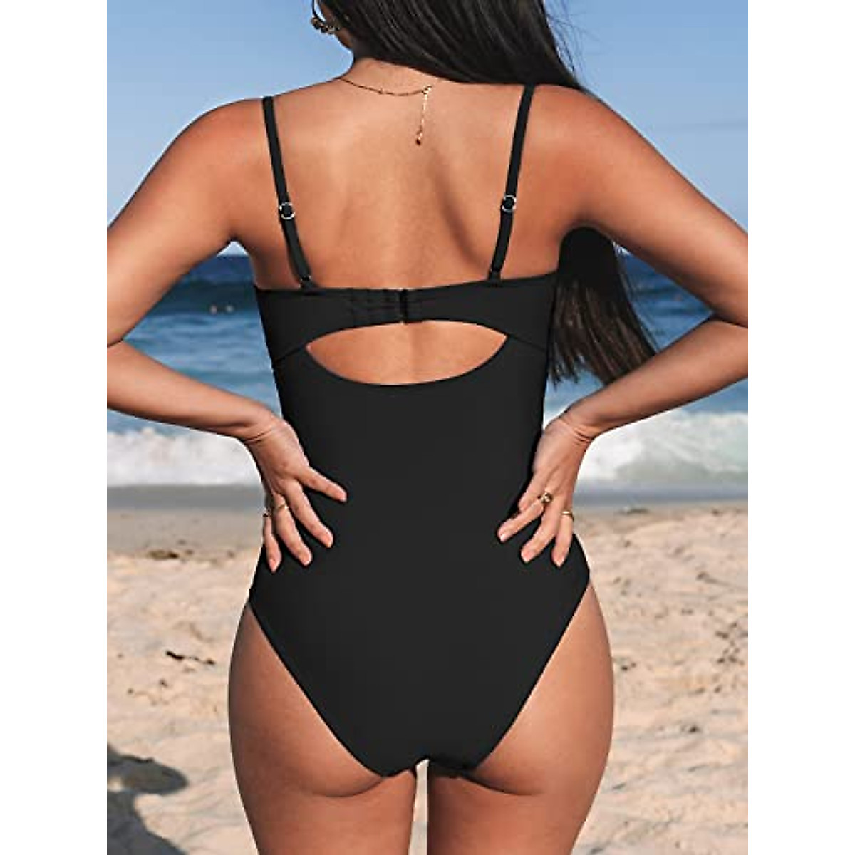CUPSHE One Piece Swimsuit for Women Bathing Suits Twist Front Cutout Adjustable Straps Ruched Swimwear M, Black