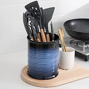 Nihow Kitchen Utensil Holder: 7.2 Inch Extra Large Ceramic Utensil Holder for Countertop - Stable Utensil Crock for Kitchen Counter Decor - Elegant Blue & Black (1PC)