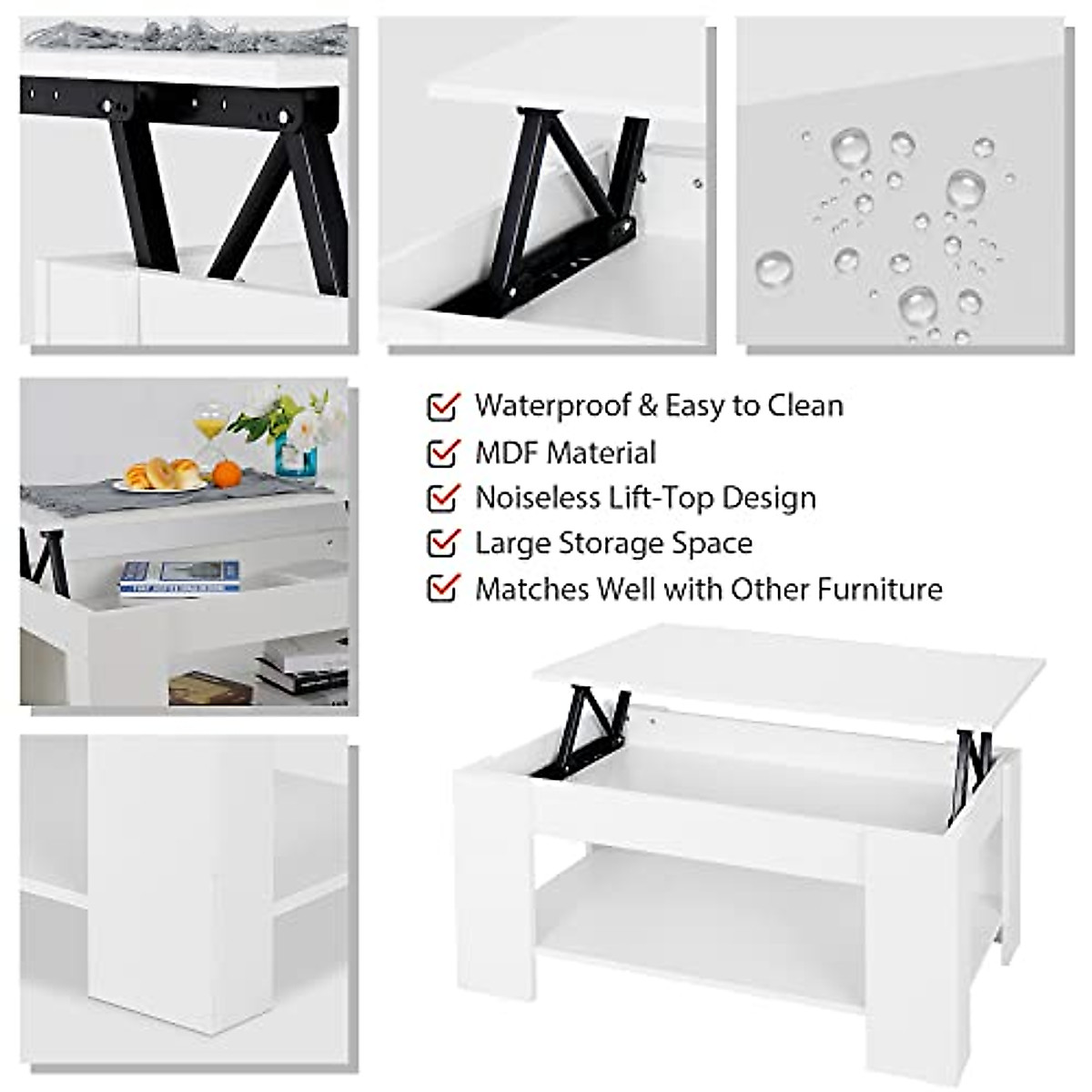 SUPER DEAL Lift Top Coffee Table with Hidden Compartment and Storage Shelf, Large Storage Space Rising Tabletop Dining Table Compact Cocktail Table for Living Room Reception Room, 38.6in L, White