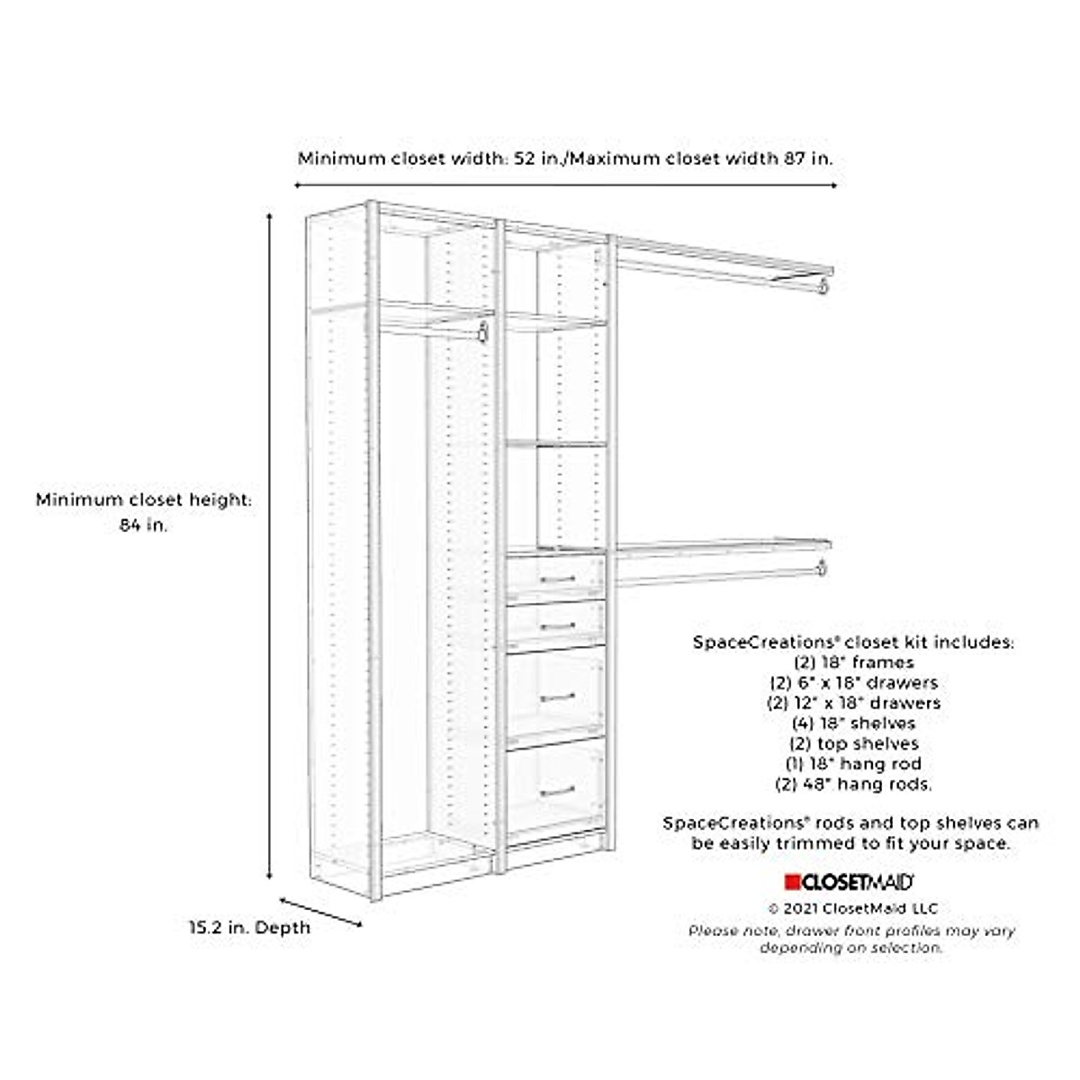 ClosetMaid 6105140 SpaceCreations 52" - 87" Wood Closet Organizer Kit, Classic White