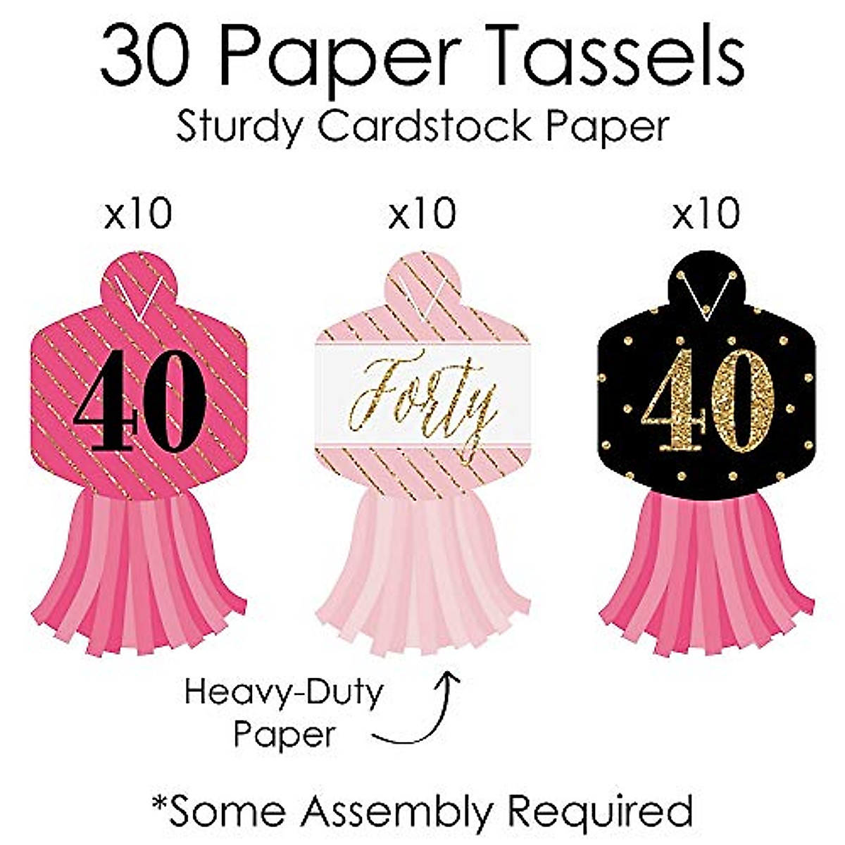 Big Dot of Happiness Chic 40th Birthday - Pink, Black and Gold - 90 Chain Links and 30 Paper Tassels Decoration Kit - Birthday Party Paper Chains Garland - 21 feet