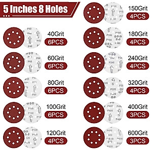 Romeda 50PCS Sanding Discs, 5 Inch 8 Hole Orbital Sander Sandpaper, 11 Grades Include 40/60/80/100/120/150 /180/240/320/400/600 Grits Sanding Discs Hook and Loop for Random Orbital Sander