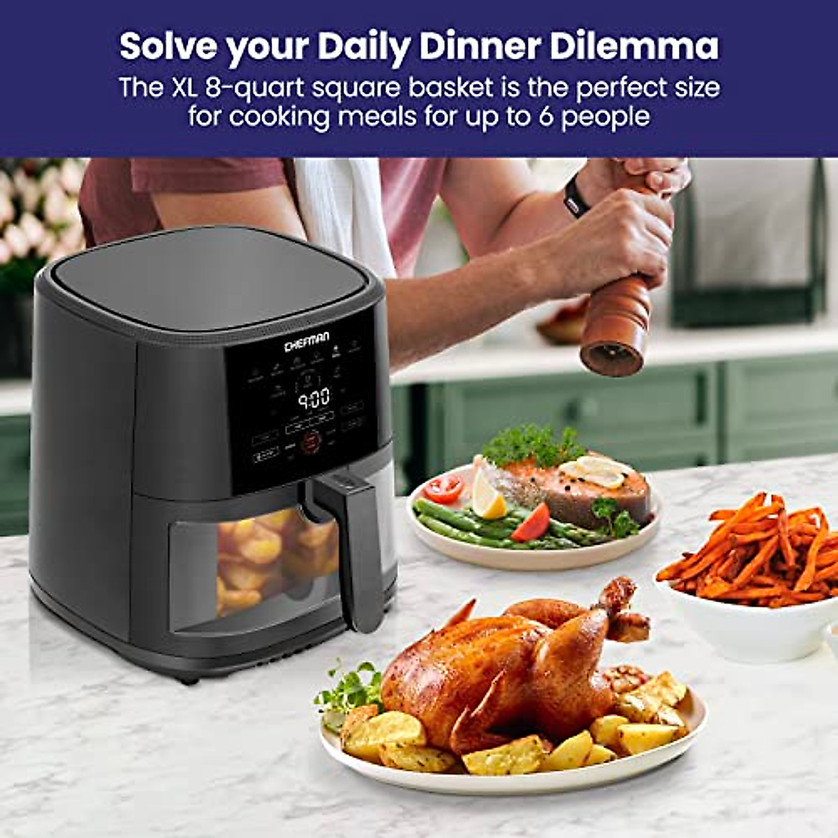 Chefman Air Fryer 8 Qt with Probe Thermometer, 8 Preset Functions, 1-Touch Digital Display Compact Cooker, Extra Large Nonstick Square Air Fryer Basket with Window, Dishwasher-Safe Parts, Black