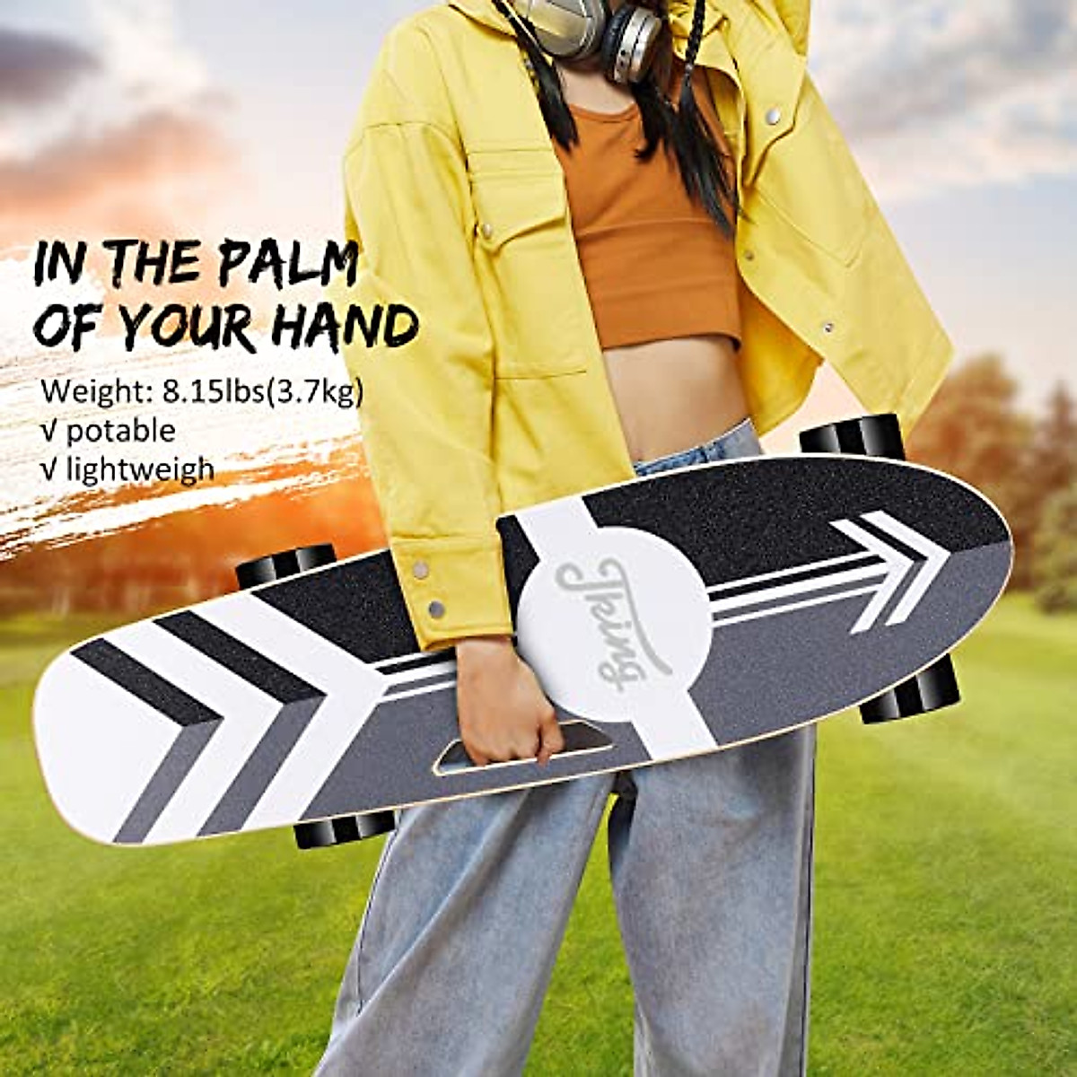 CAROMA 350W Electric Skateboard for Adults Teens, 27.5" 7 Layers Maple Electric Longboard with Remote, 12.4 MPH Top Speed, 8 Miles Max Range, 220lbs Max Load E Skateboard