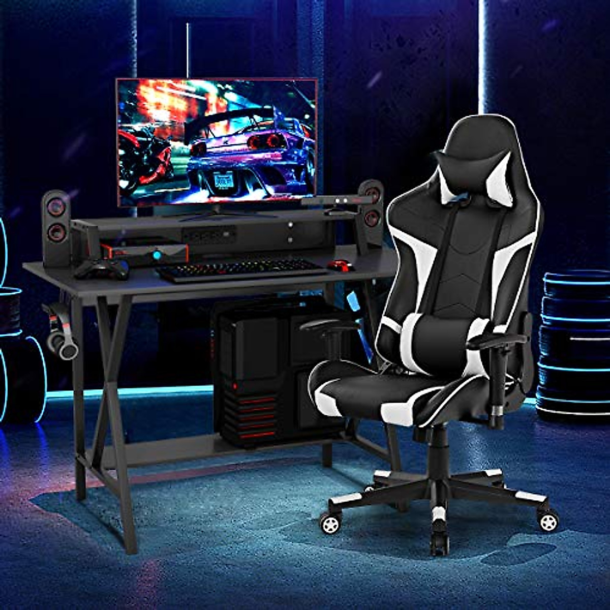 Tangkula Gaming Desk and Chair Set, Ergonomic E-Sport Gamer Desk & Racing Chair Set w/Cup Holder, Monitor Stand, Earphone Hook, Massage & Headrest, Home Office Computer Desk Chair Set (White)
