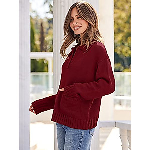 Caracilia V Neck Knit Sweater for Women Ribbed Hem Long Sleeve Pullover Loose Chunky Jumper Tops with Pocket C61A5-qianjiuhong-M Red Wine